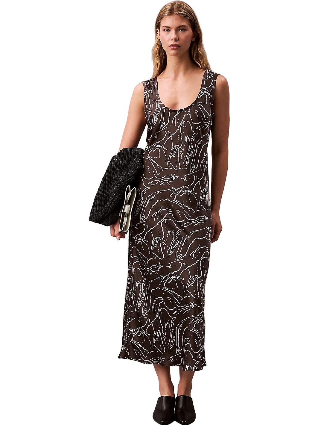 CALVIN KLEIN Crushed Satin Print Midi Dress